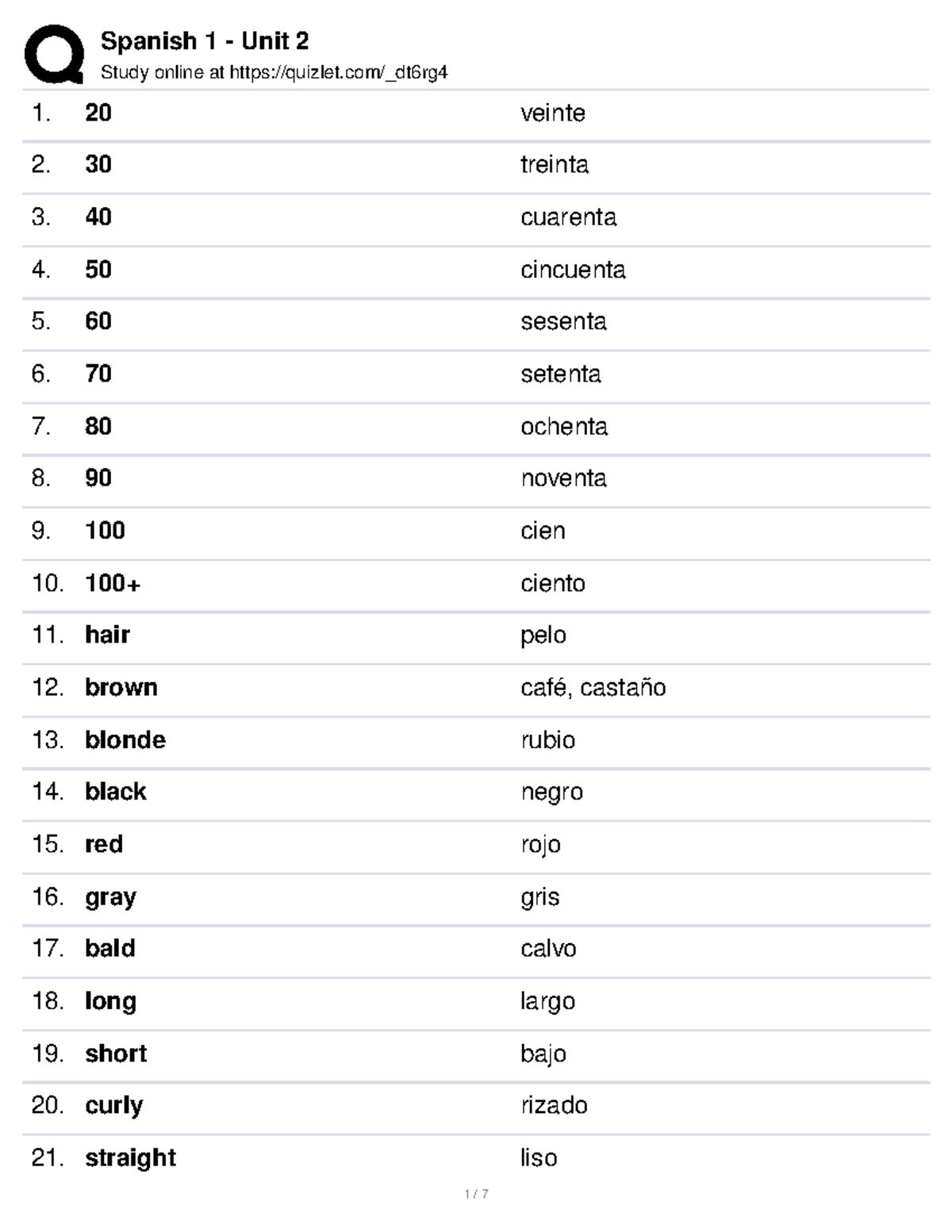 Spanish notes - 2023/2024 - Study online at quizlet/_dt6rg 20 veinte 30 treinta 40 cuarenta 50 ...