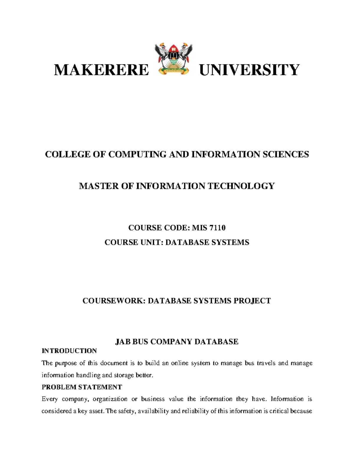 DATABASE SYSTEMS PROJECT - Database Management Systems - MUK - Studocu
