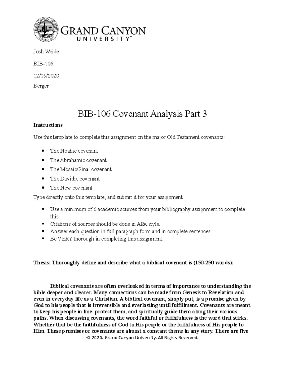 Covenant paper - Josh Weide BIB- 12/09/ Berger BIB-106 Covenant ...