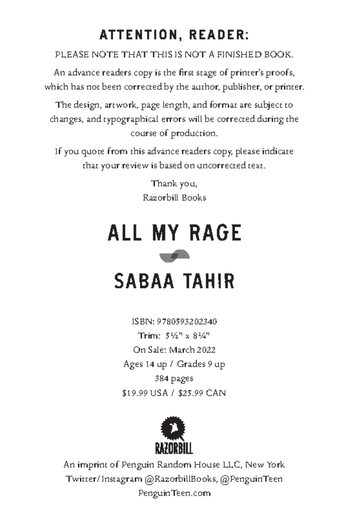 All My Rage Sabaa Tahir excerpt - ATTENTION, READER: PLEASE NOTE THAT ...