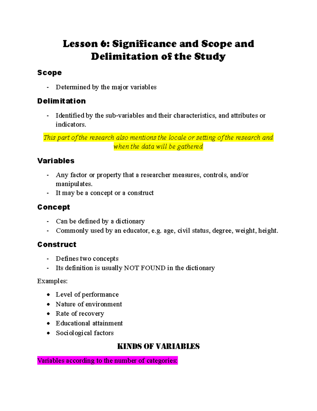 Lesson 6 - Lesson 6: Significance and Scope and Delimitation of the ...