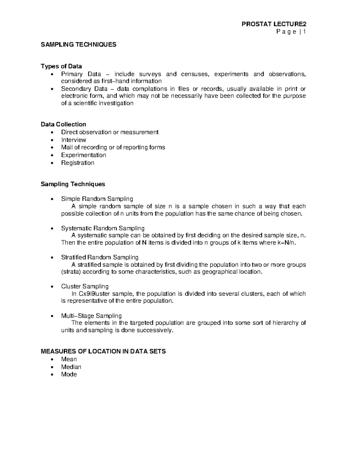 Lecture 2 Handouts - asdasdasda - P a g e | 1 SAMPLING TECHNIQUES Types ...