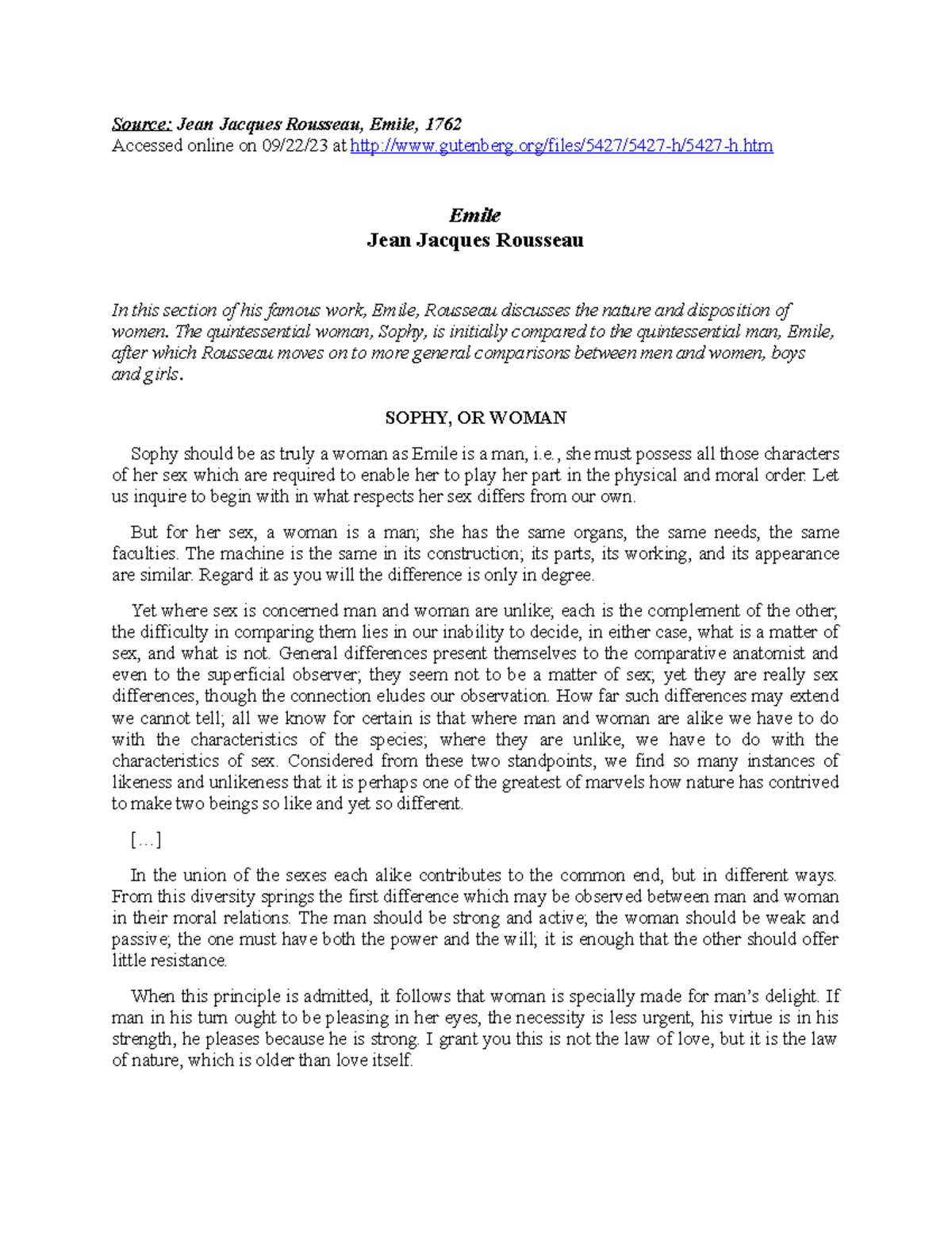 Emile Rousseau shortened-1 - Source: Jean Jacques Rousseau, Emile, 1762 ...