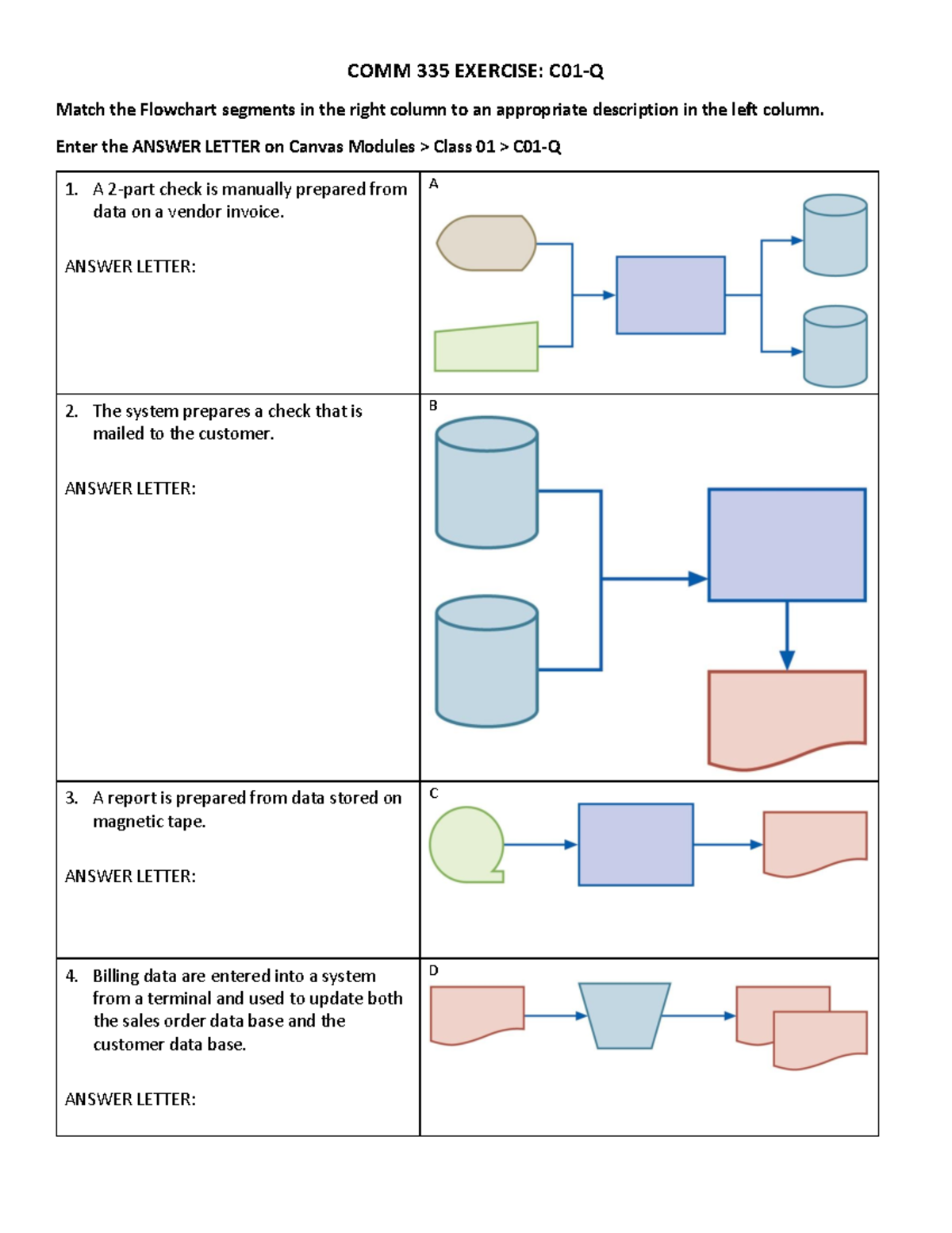 C01-Q - Class 1 In Class Exercisse - COMM 335 EXERCISE: C01-Q Match the ...