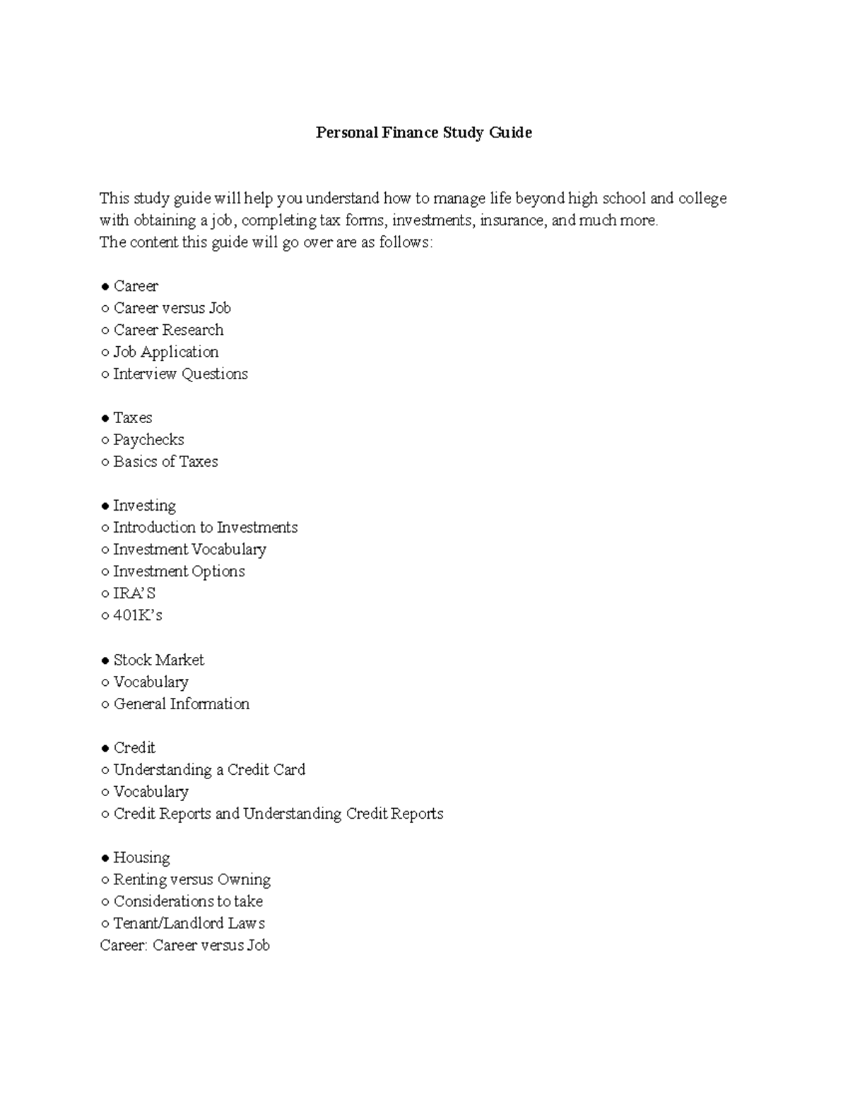 Personal Finance Study Guide - The content this guide will go over are ...