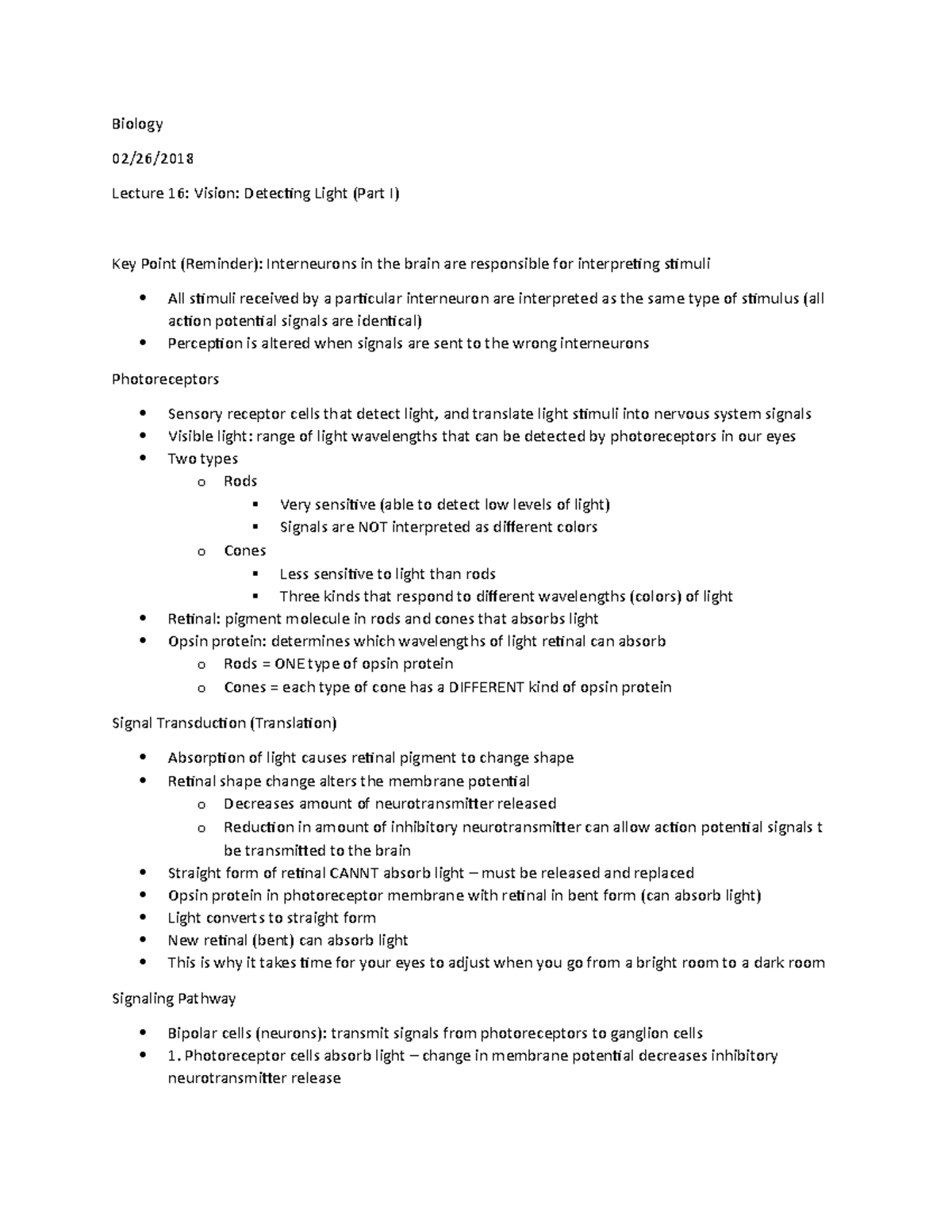 Lecture 16 Vision Detecting Light (Part I) - Biology 02/26/ Lecture 16 ...