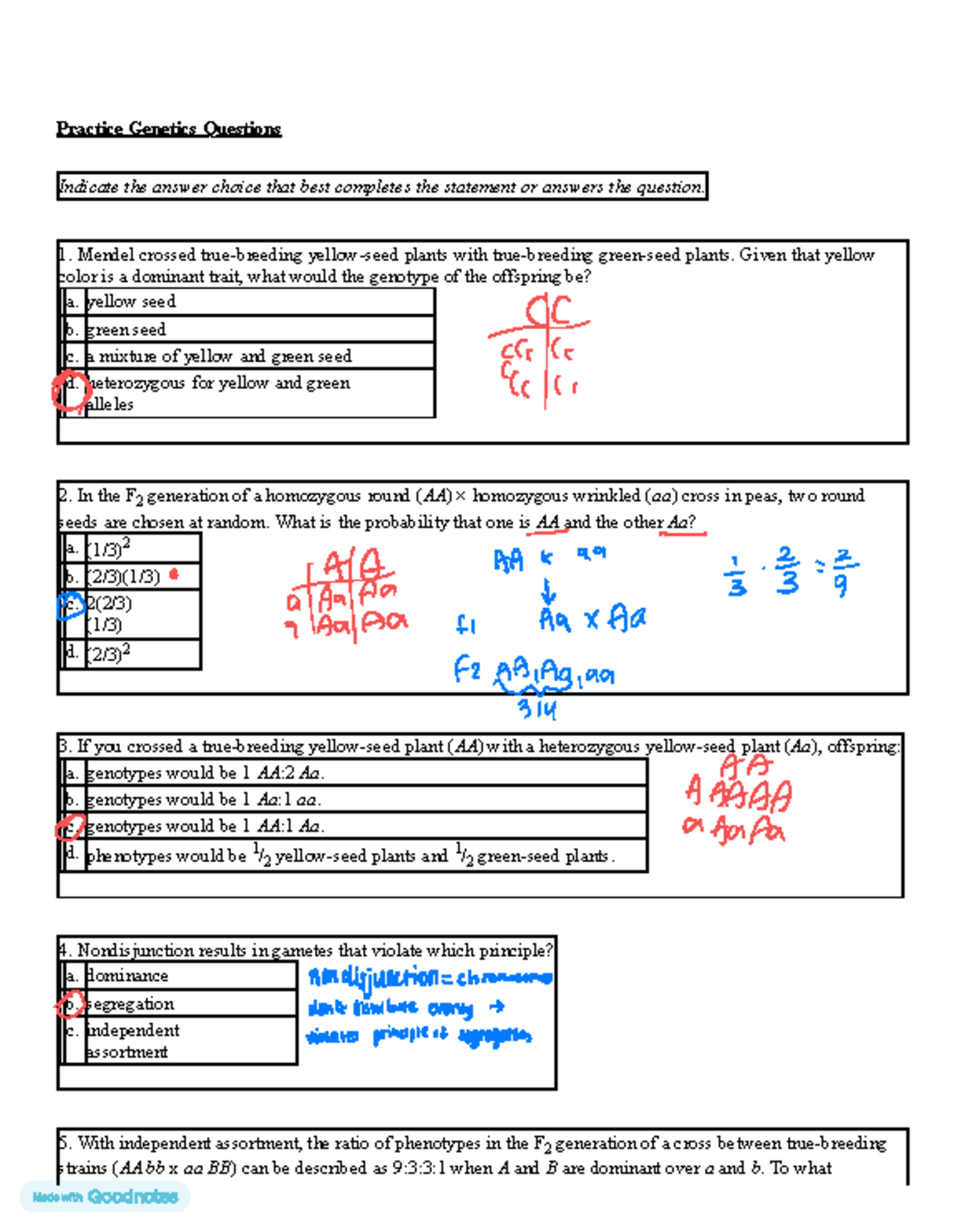 Practice Genetics Questions - Practice Genetics Questions Indicate the ...