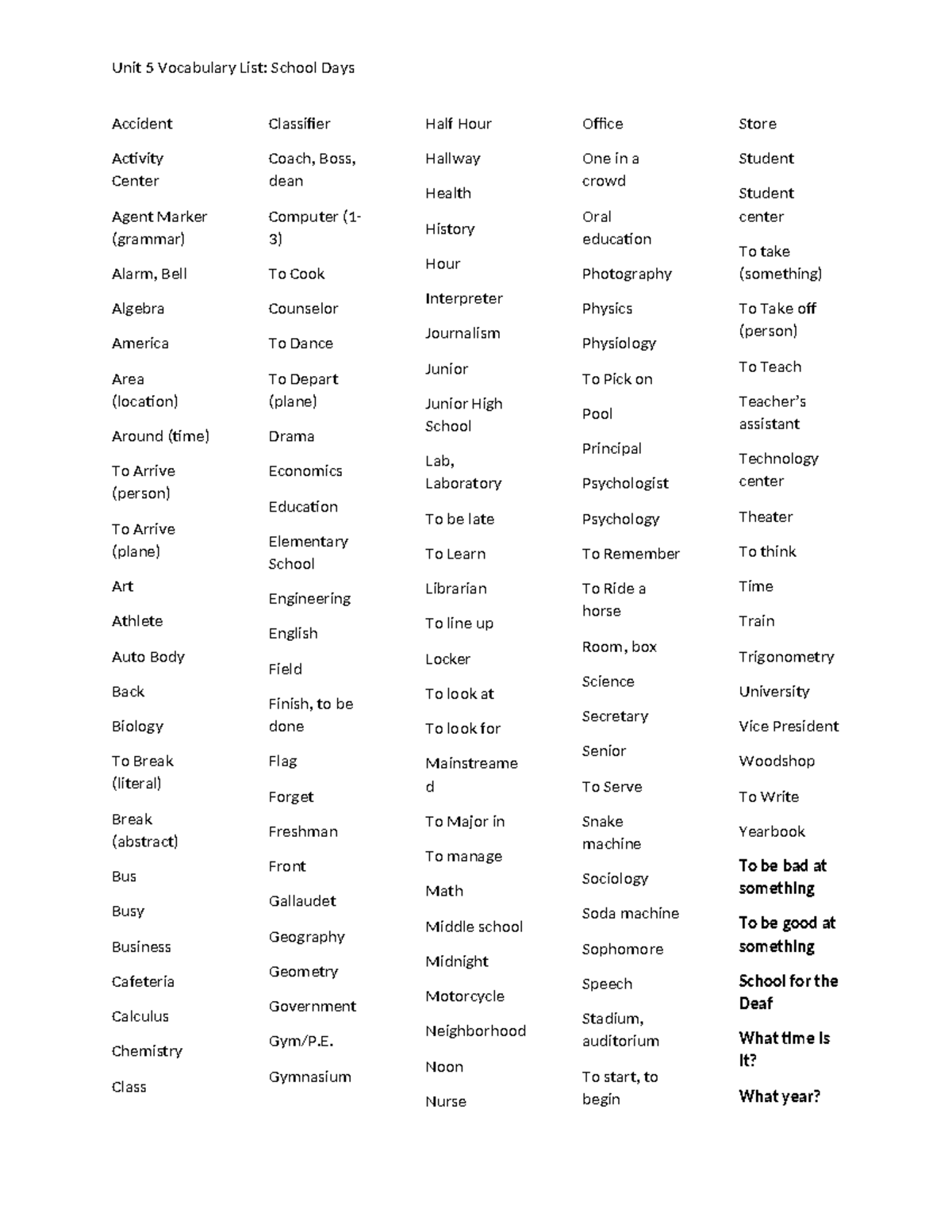 Unit 5 Vocabulary Words - Unit 5 Vocabulary List: School Days Accident ...