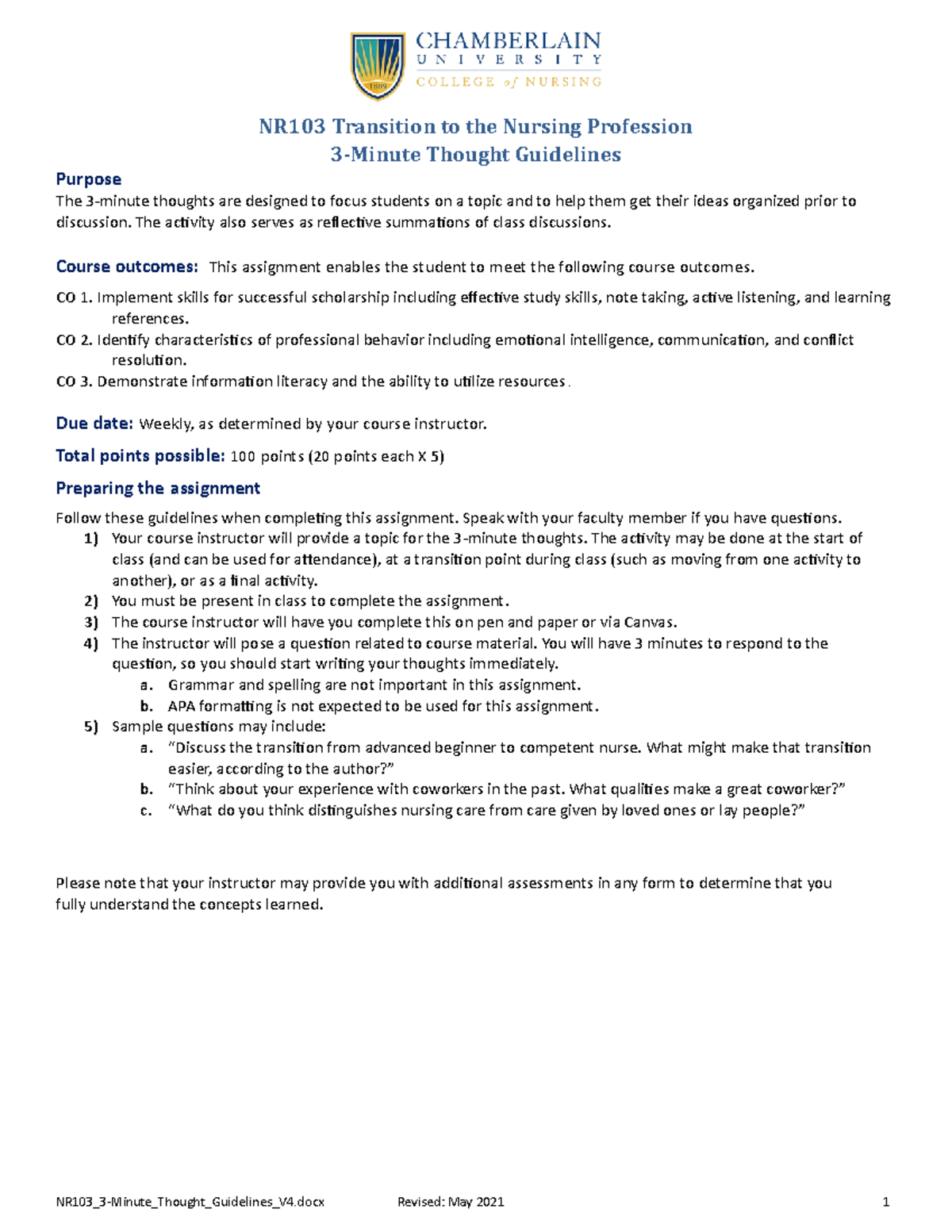 NR103 3-Minute Thoughts Guidelines V4 May21 - NURS 3135 - UWG - Studocu