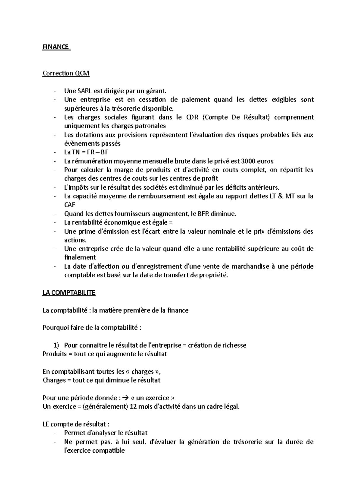 Notes de Cours Finance M1 - FINANCE Correction QCM Une SARL est dirigée ...