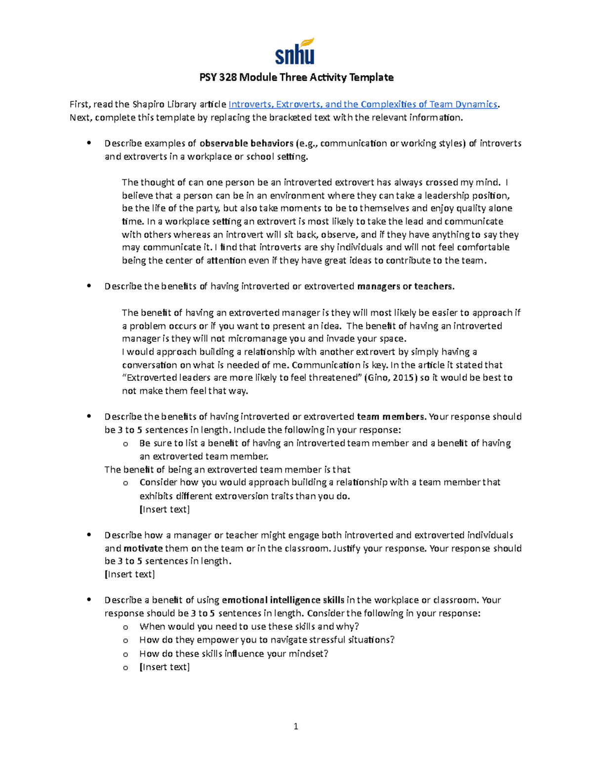 PSY 328 Module Three Activity - Next, complete this template by replacing the bracketed text ...