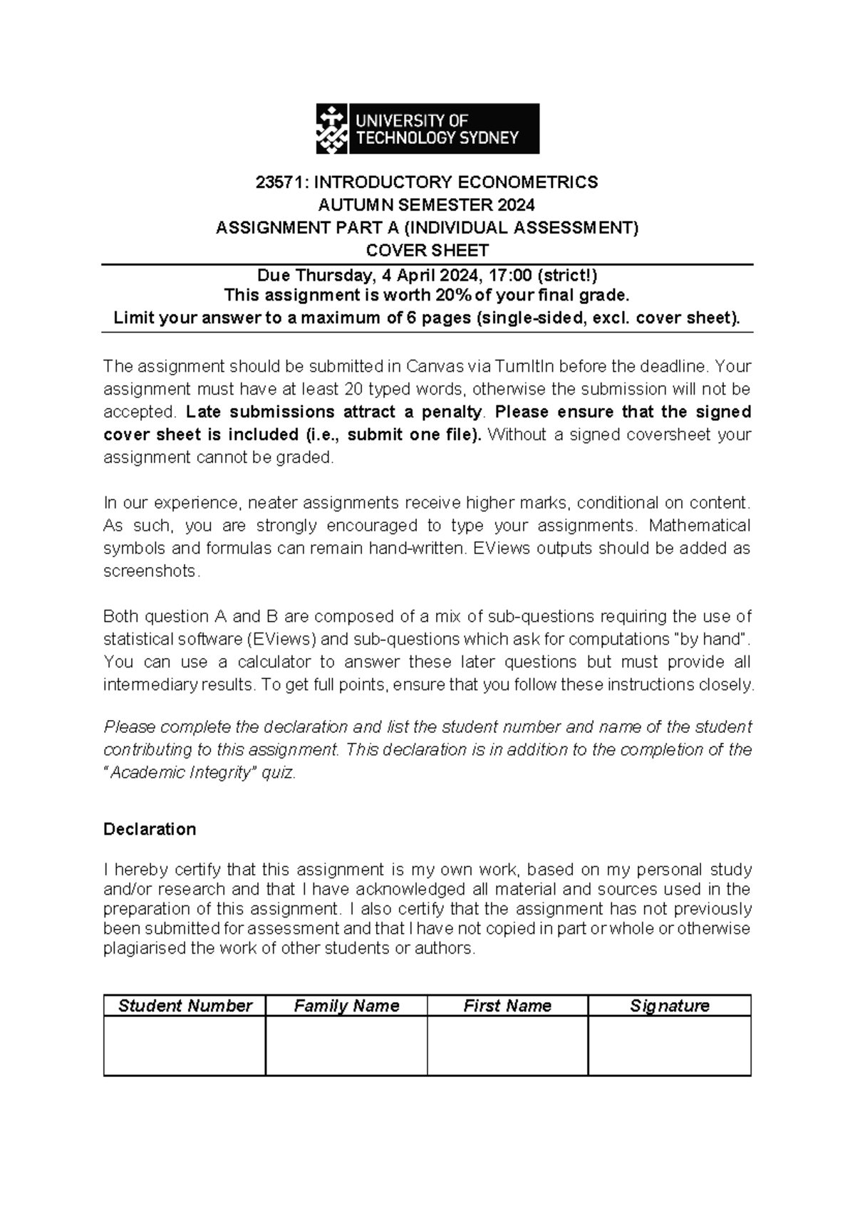 Assignment A coversheet Autumn 2024 - 23571: INTRODUCTORY ECONOMETRICS AUTUMN SEMESTER 2024 ...