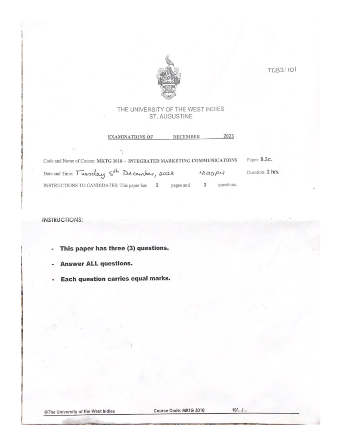 MKTG3010 Dec 2023 - Past paper for integrated marketing communication ...