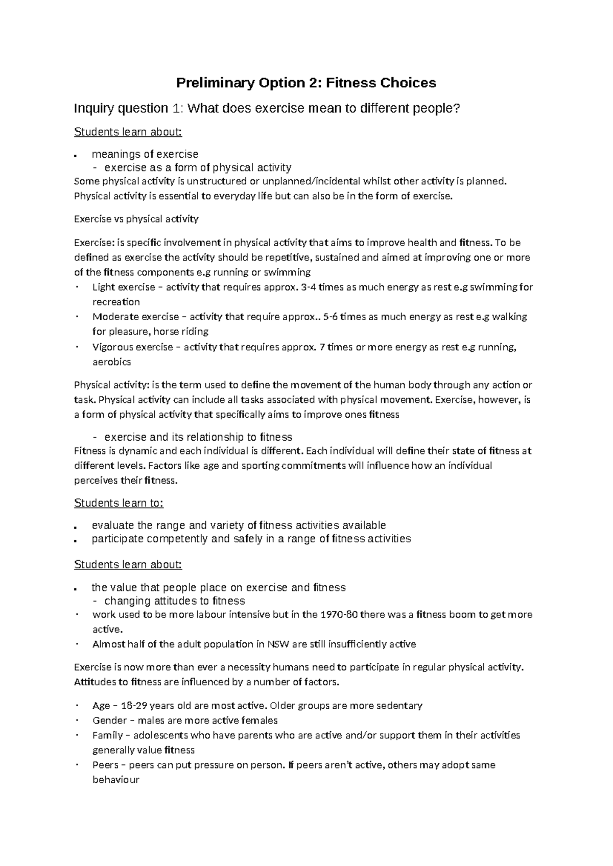 Fitness Choices - Pdhpe - Preliminary Option 2: Fitness Choices Inquiry ...