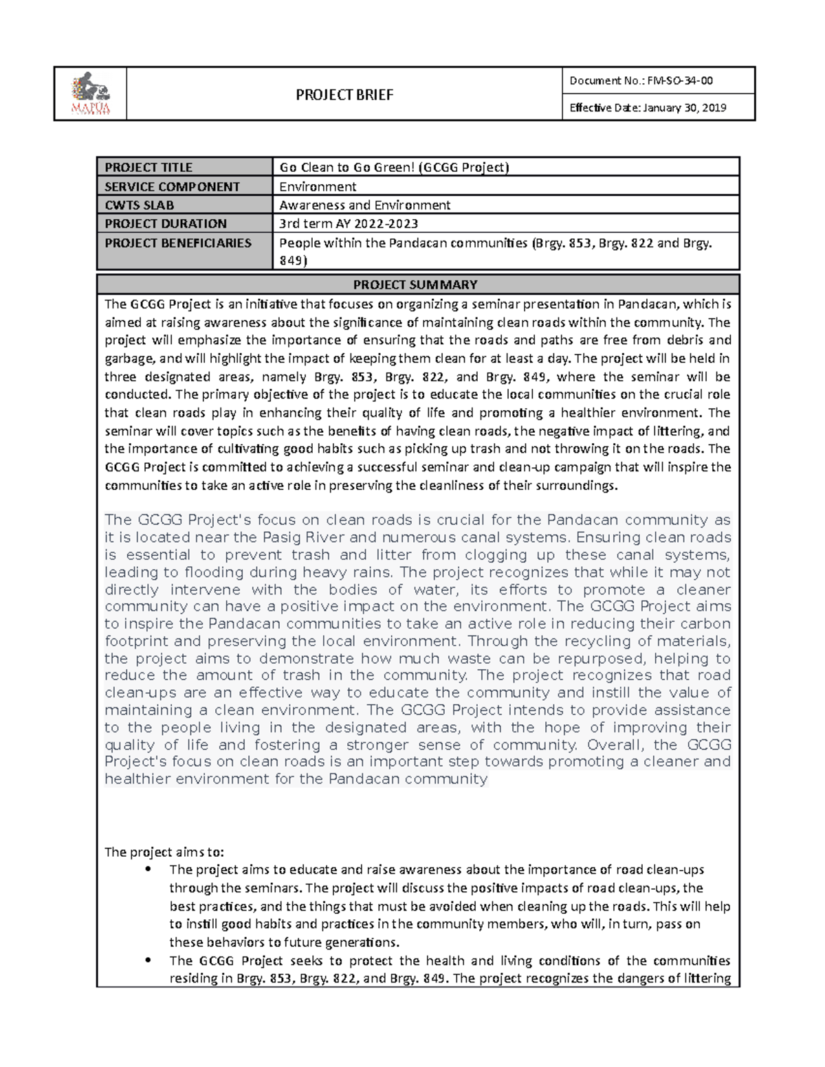 Form - Project Brief - Leture notes - PROJECT BRIEF Document No.: FM-SO ...