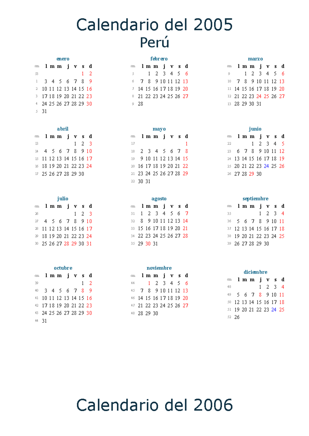 Calendario del 2005 al 2008 - Calendario del 2005 Perú enero sm l m m j ...