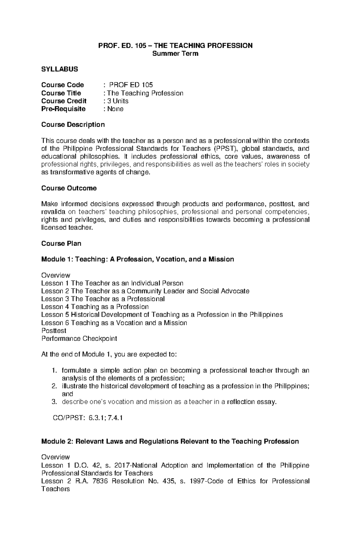PROF ED 105 Syllabus - None - PROF. ED. 105 – THE TEACHING PROFESSION ...