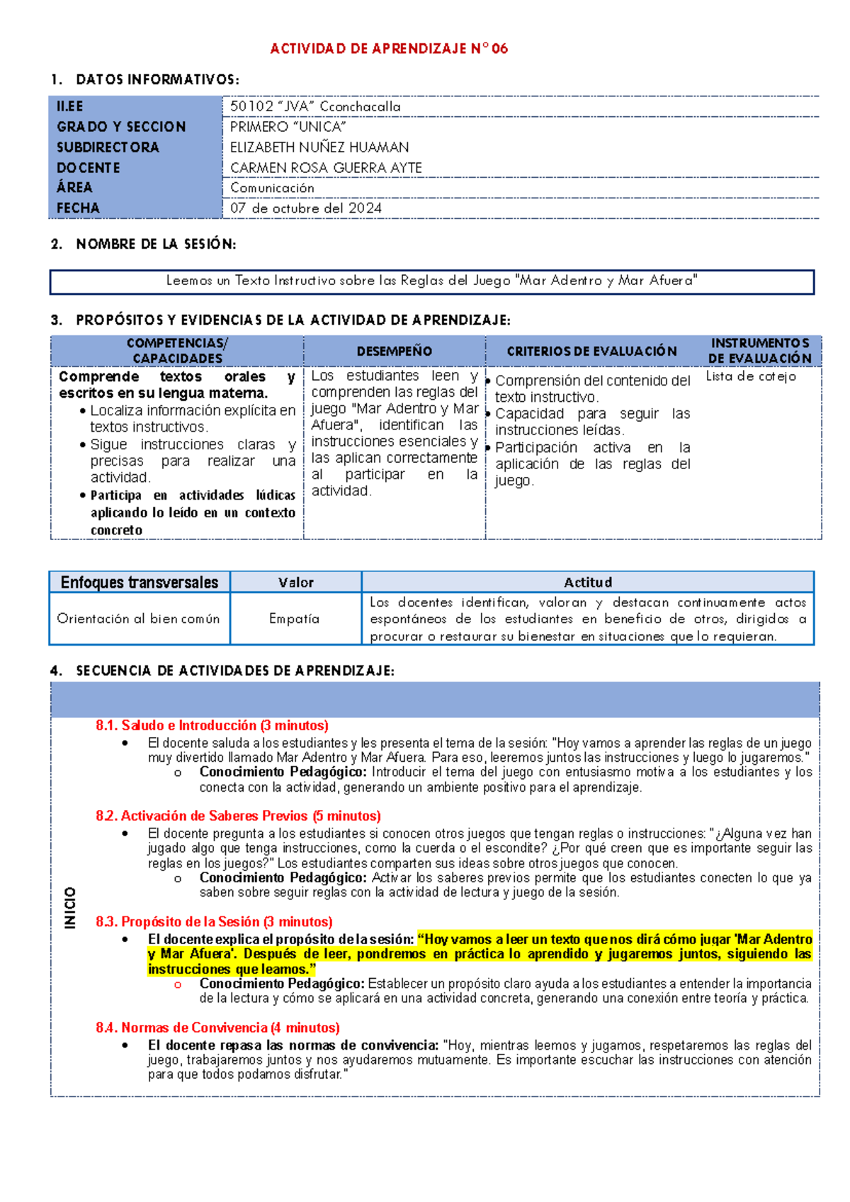 Actividad DE Aprendizaje COM 07-10'-2024 - ACTIVIDAD DE APRENDIZAJE N° 06 1. DATOS INFORMATIVOS ...