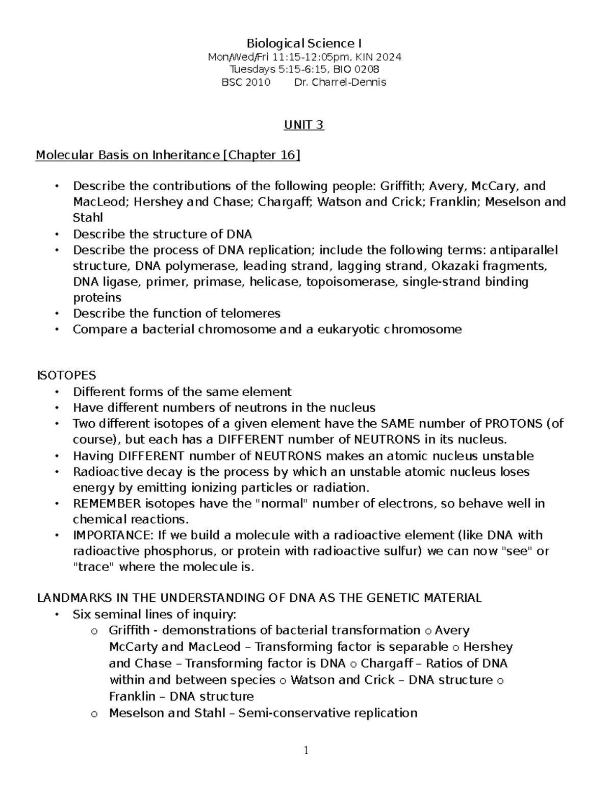 UNIT 3 Notes Outline - DNA, DNA replication, mutations, etc ...
