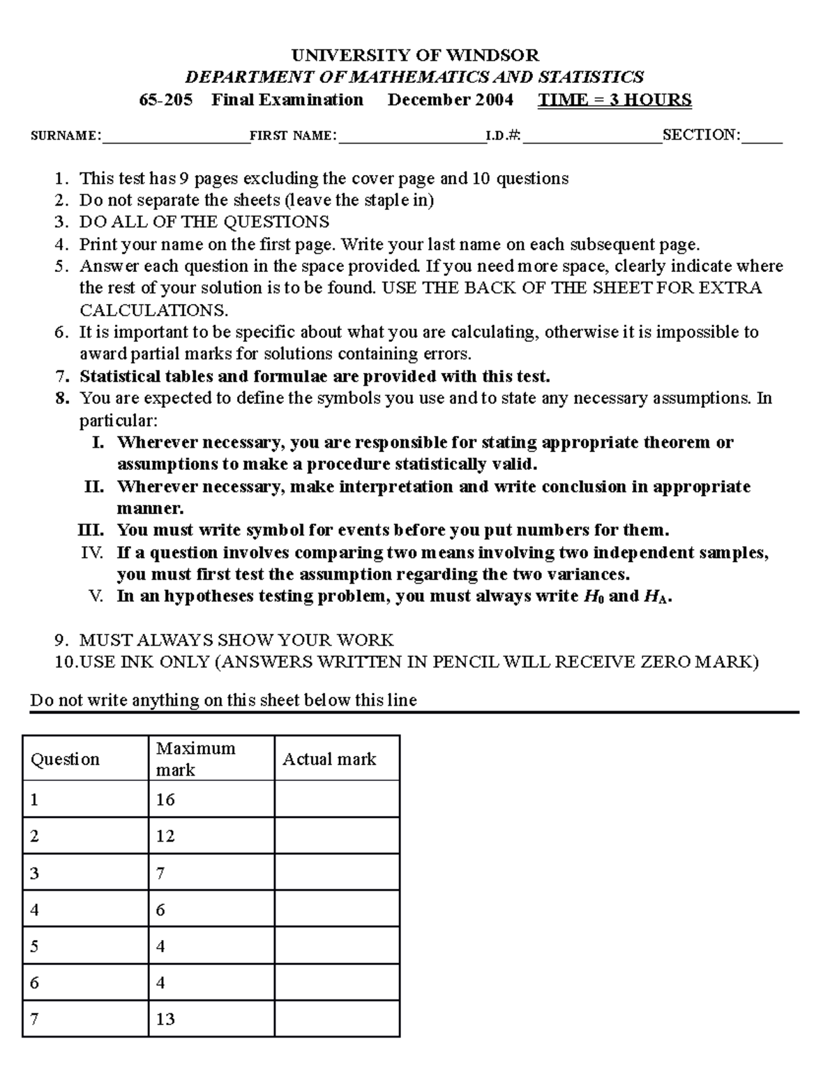 Sample Final Exam - UNIVERSITY OF WINDSOR DEPARTMENT OF MATHEMATICS AND ...