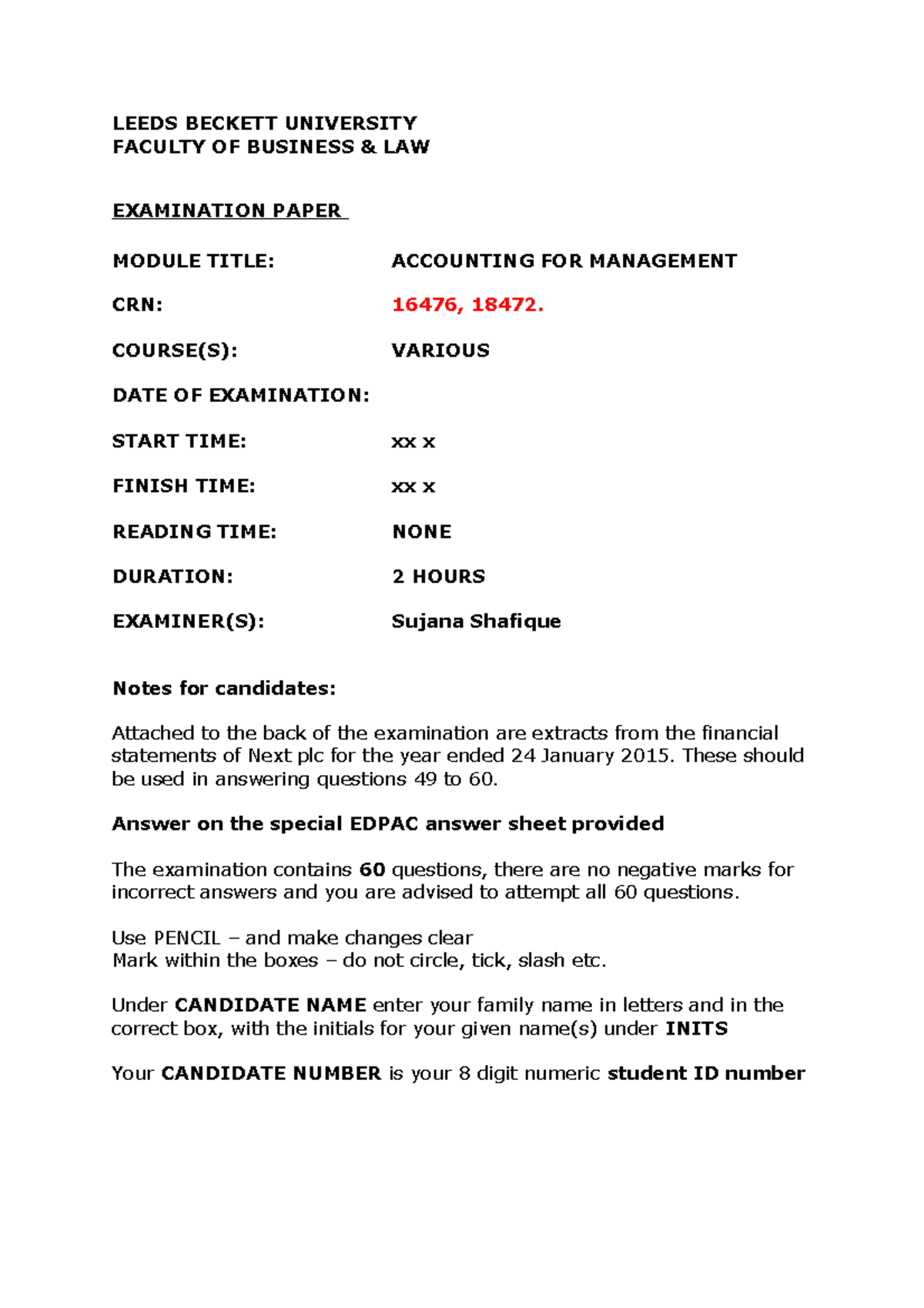 Accounting exam with answers - LEEDS BECKETT UNIVERSITY FACULTY OF ...