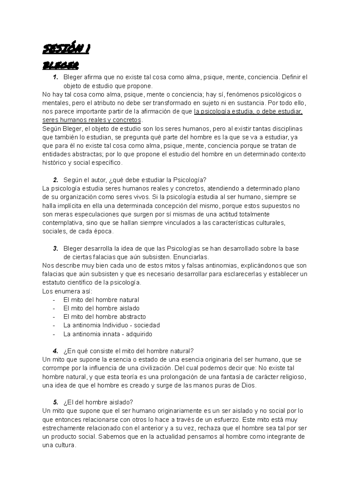 Guías - ilkklkjjknlkjnn - SESIÓN 1 BLEGER Bleger afirma que no existe ...