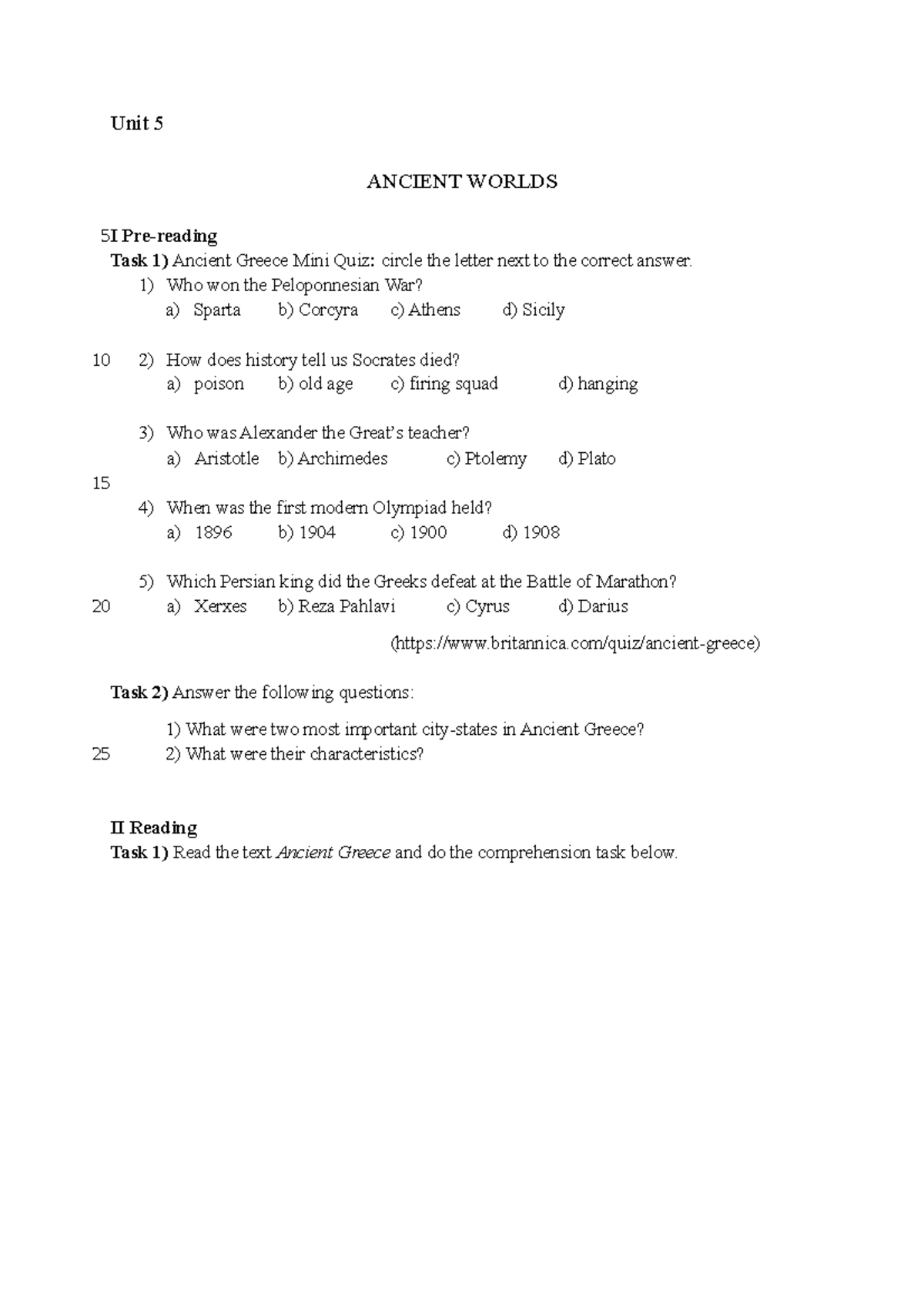 5 Ancient Worlds - Unit 5 ANCIENT WORLDS I Pre-reading Task 1) Ancient ...