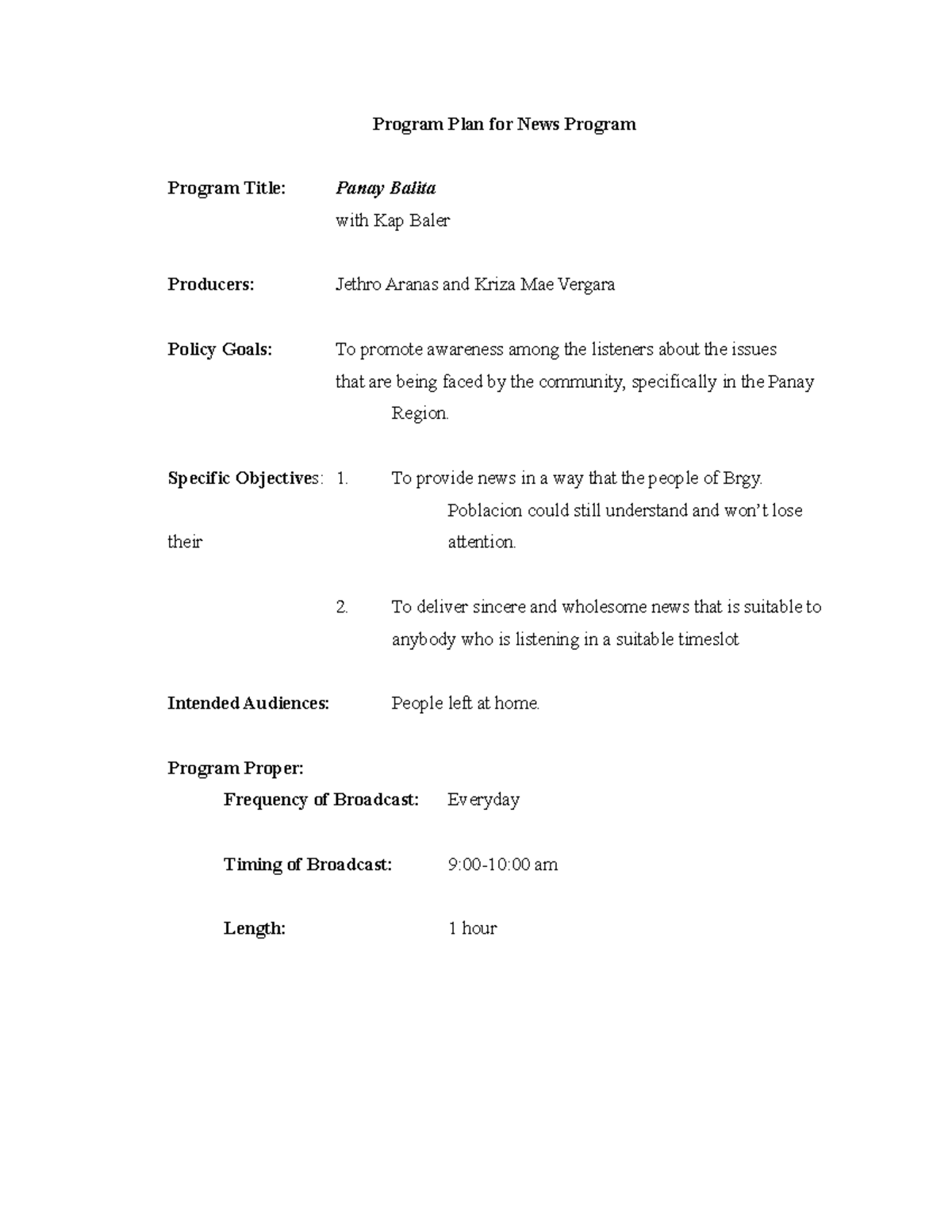 Panay Balita Sample Radio News Script Hi - Program Plan for News ...
