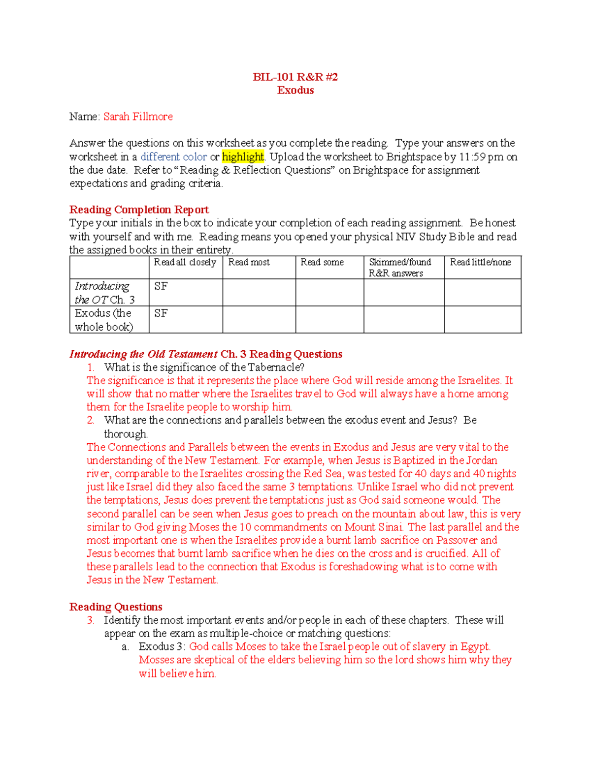 BIL101 RR2 Exodus - Reading and Responding - BIL-101 R&R Exodus Name: Sarah Fillmore Answer the ...