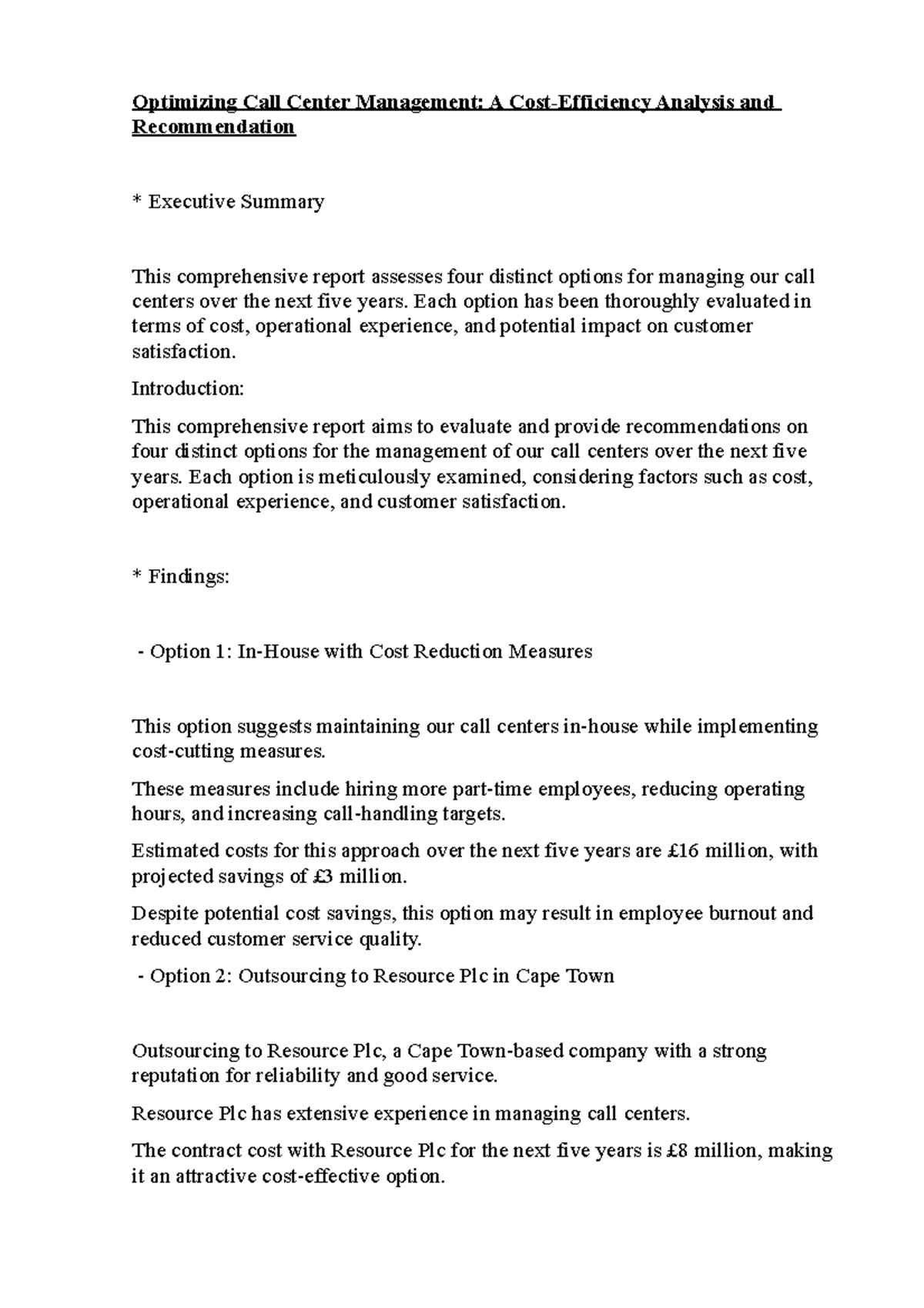 Optimizing Call Center Management - Each option has been thoroughly ...