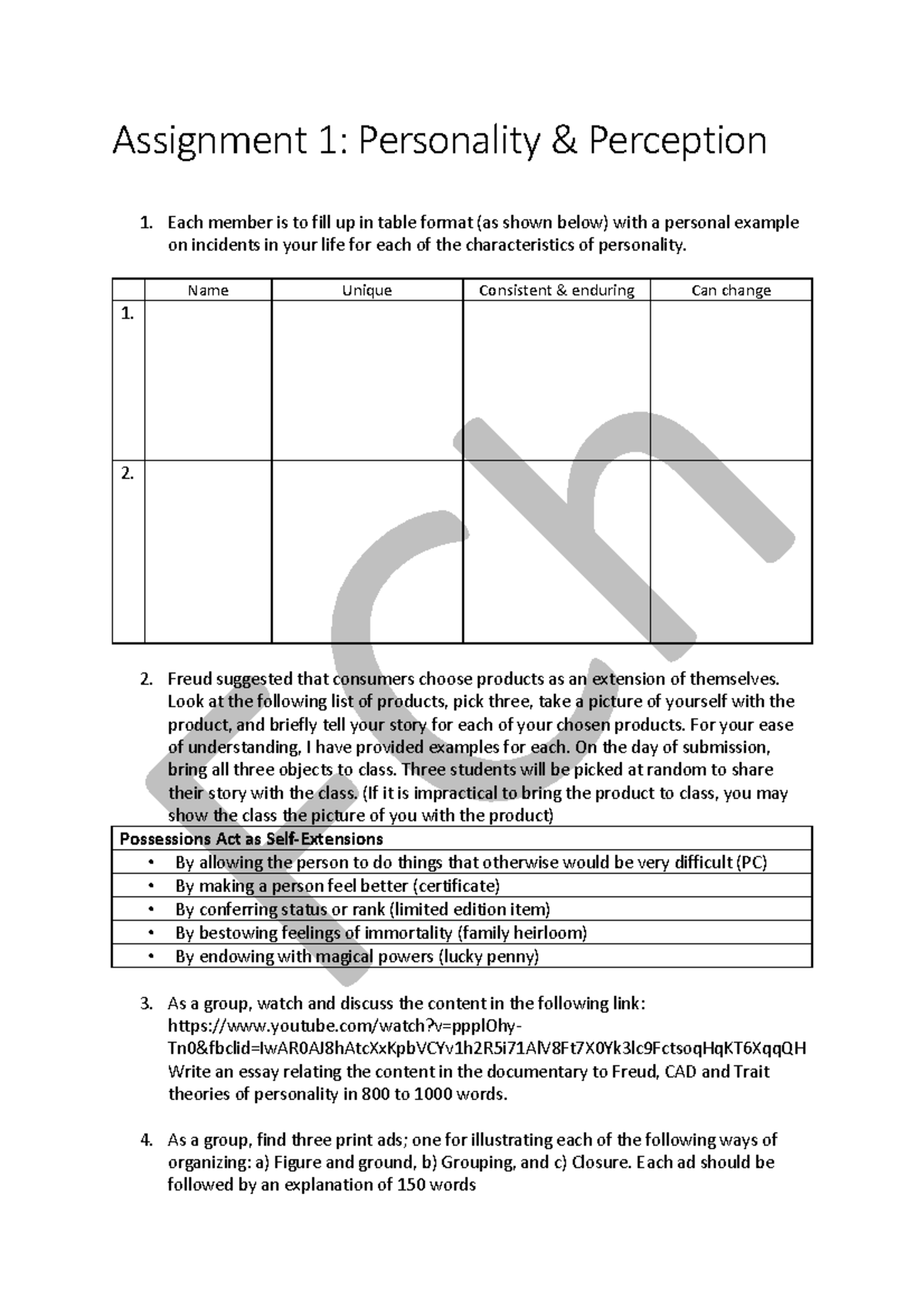 Assignment 1 mkt344 192 - Assignment 1: Personality & Perception Each ...