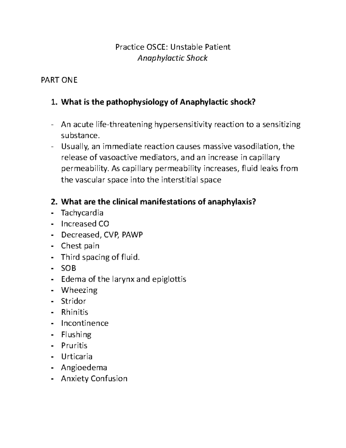 Analphyalctic Shock - MOSCE - Student Made - Practice OSCE: Unstable ...