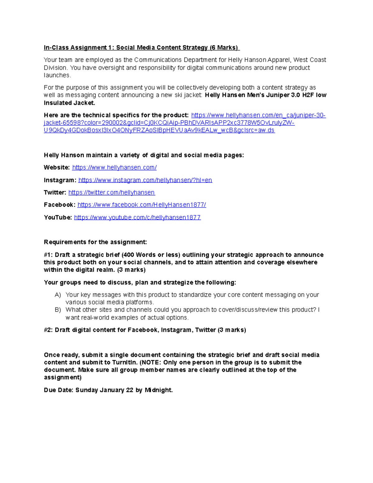 In Class 1 - In-Class Assignment 1: Social Media Content Strategy (6 ...