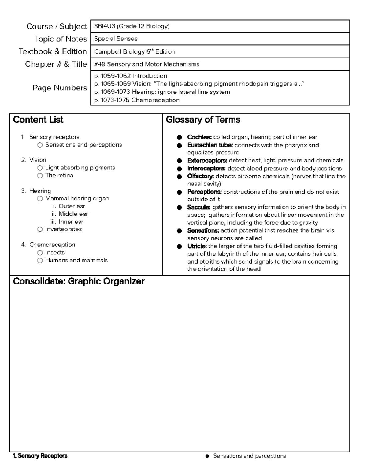 Special Senses - Notes - Course / Subject SBI4U3 (Grade 12 Biology ...