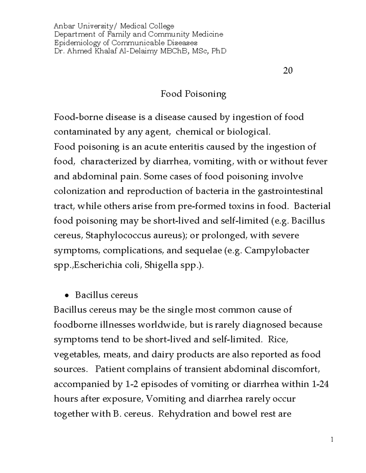Food Poisoning - médecine - Department of Family and Community Medicine ...