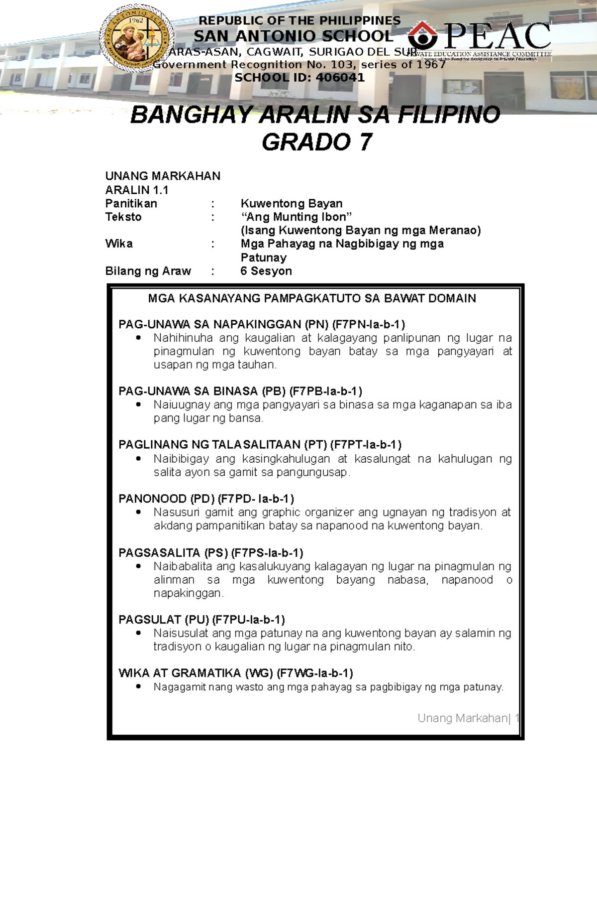 Learning Plan - Week 1 - SAN ANTONIO SCHOOL ARAS-ASAN, CAGWAIT, SURIGAO DEL SUR Government - Studocu