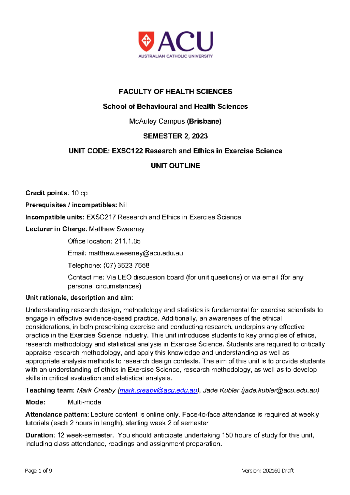 EUO EXSC122 Research and Ethics in Exercise Science S2 2023 QLD ...