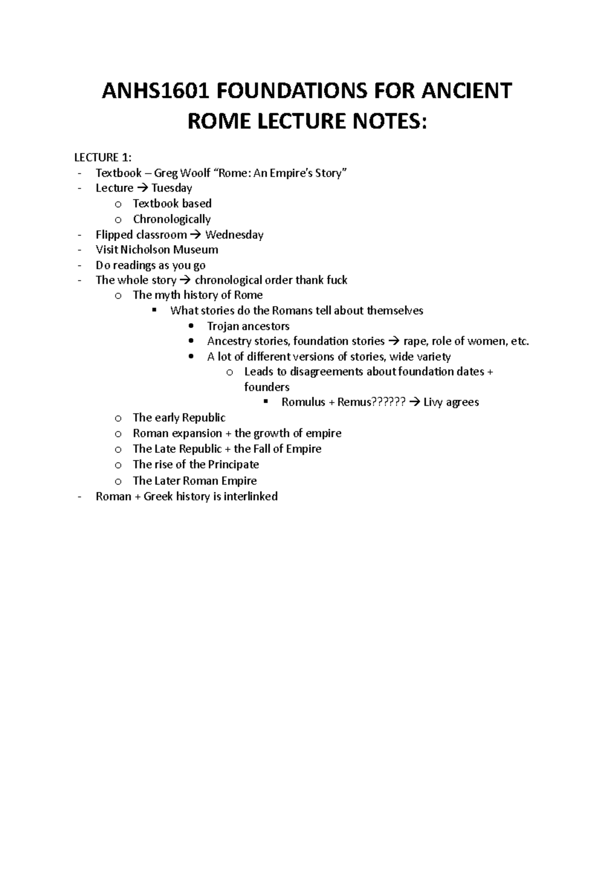 ANHS1601 Foundations FOR Ancient ROME Lecture Notes - ANHS1601 ...
