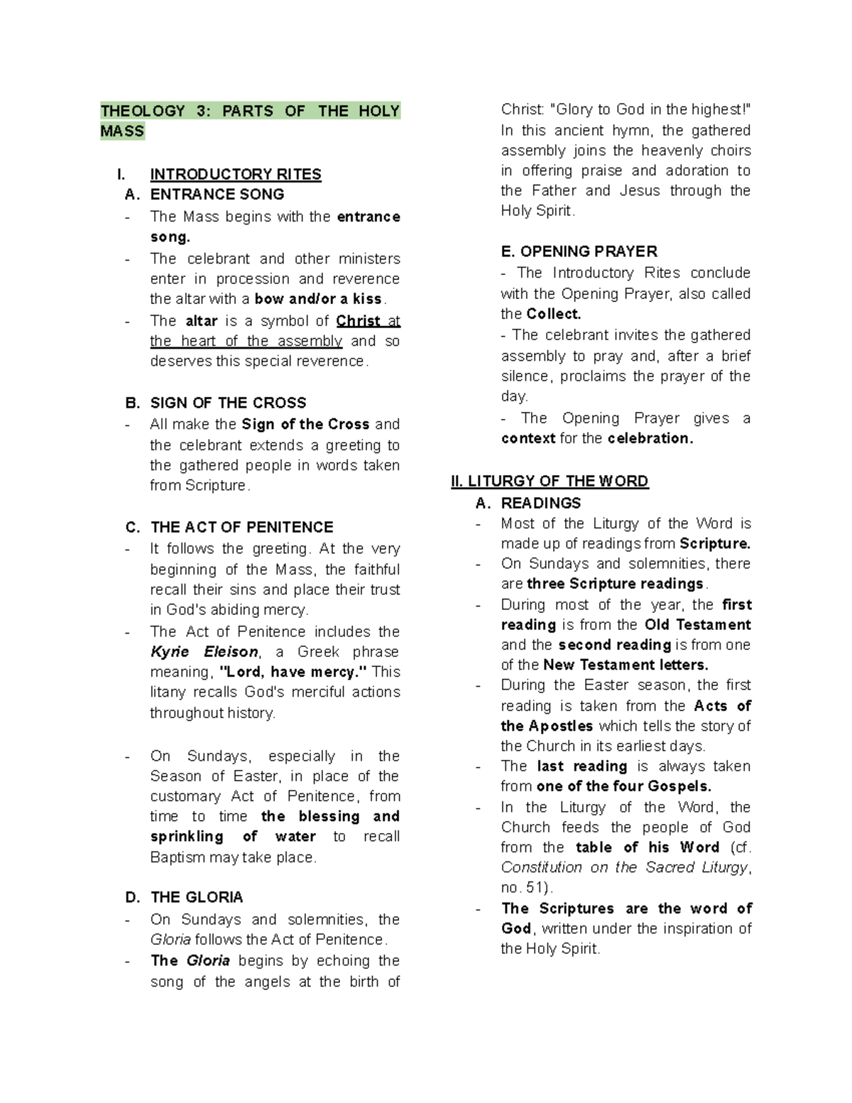 THEO Parts OF THE HOLY MASS - THEOLOGY 3: PARTS OF THE HOLY MASS I ...