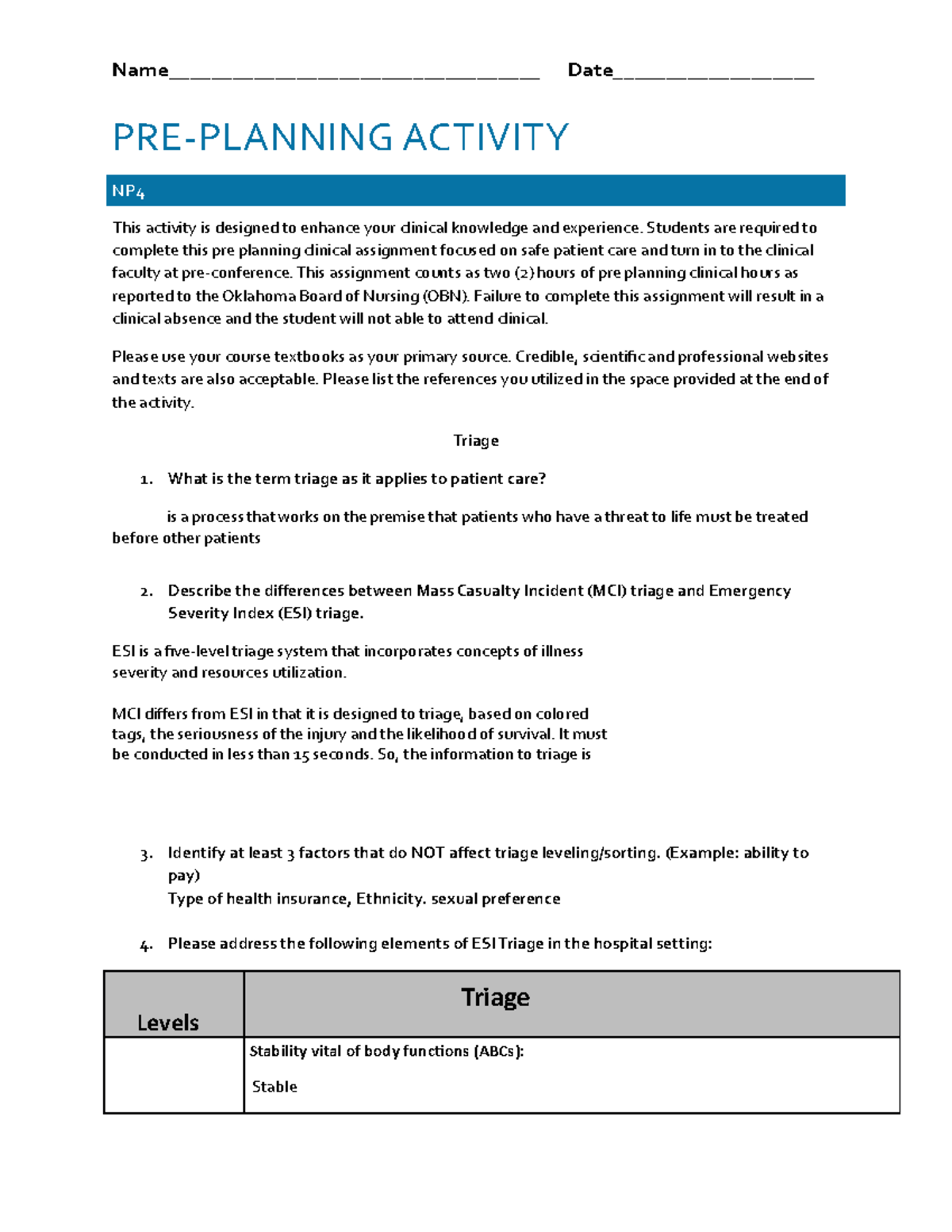 #7 Pre Plan NP4 ESI Triage - Name ...