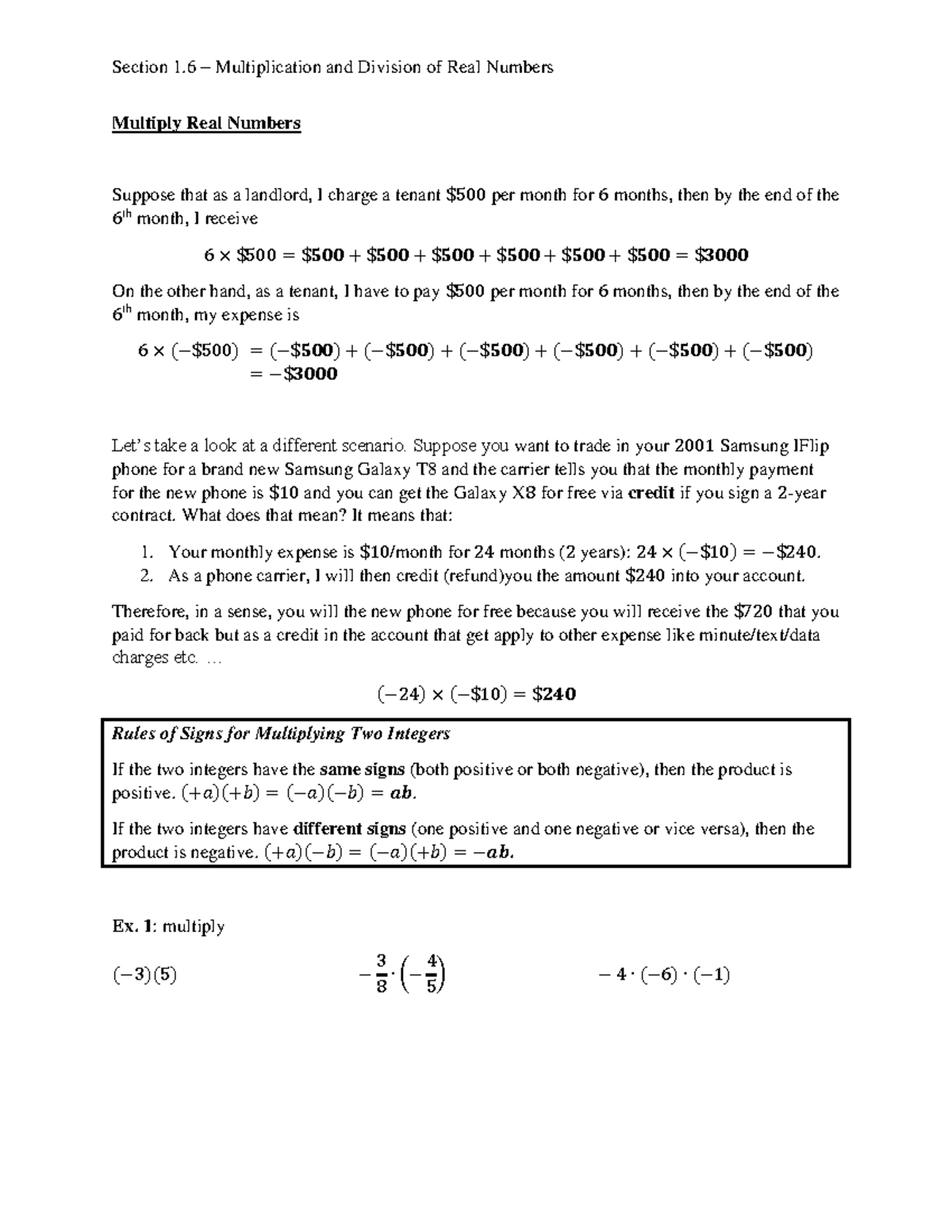 Section 1.6 - Multiplication and Division of Real Numbers - Multiply ...