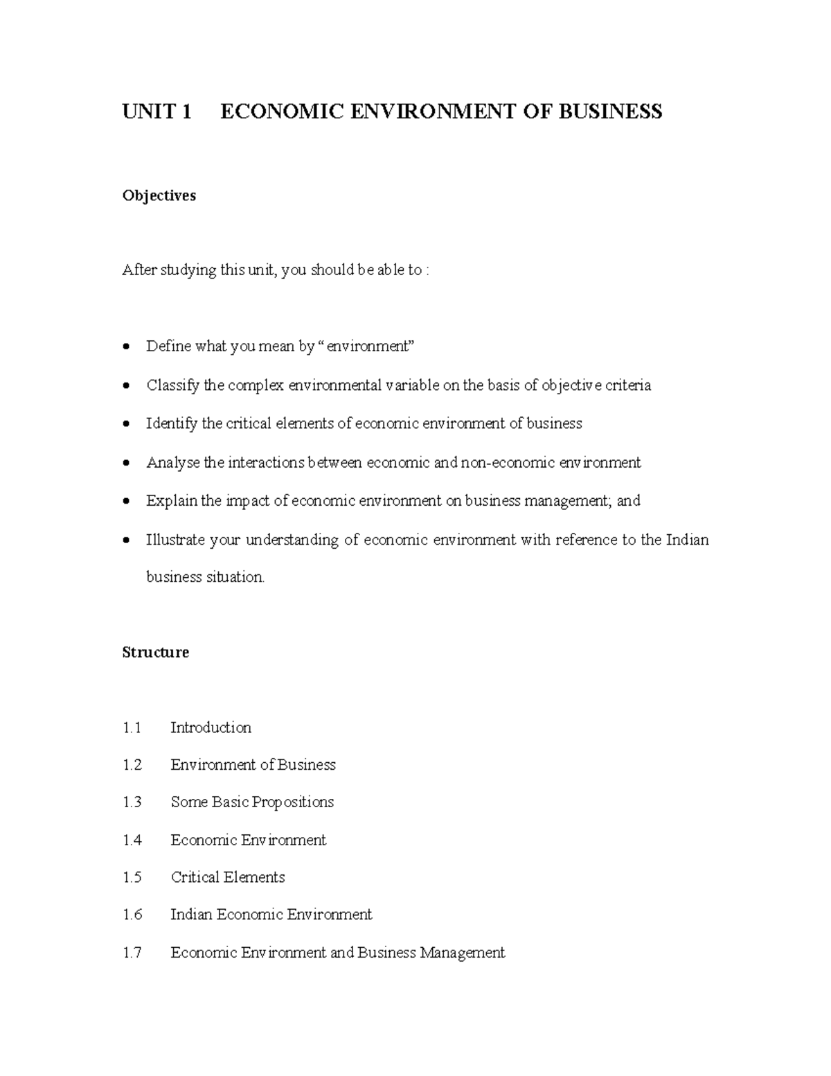 Business studies unit 1 - UNIT 1 ECONOMIC ENVIRONMENT OF BUSINESS ...
