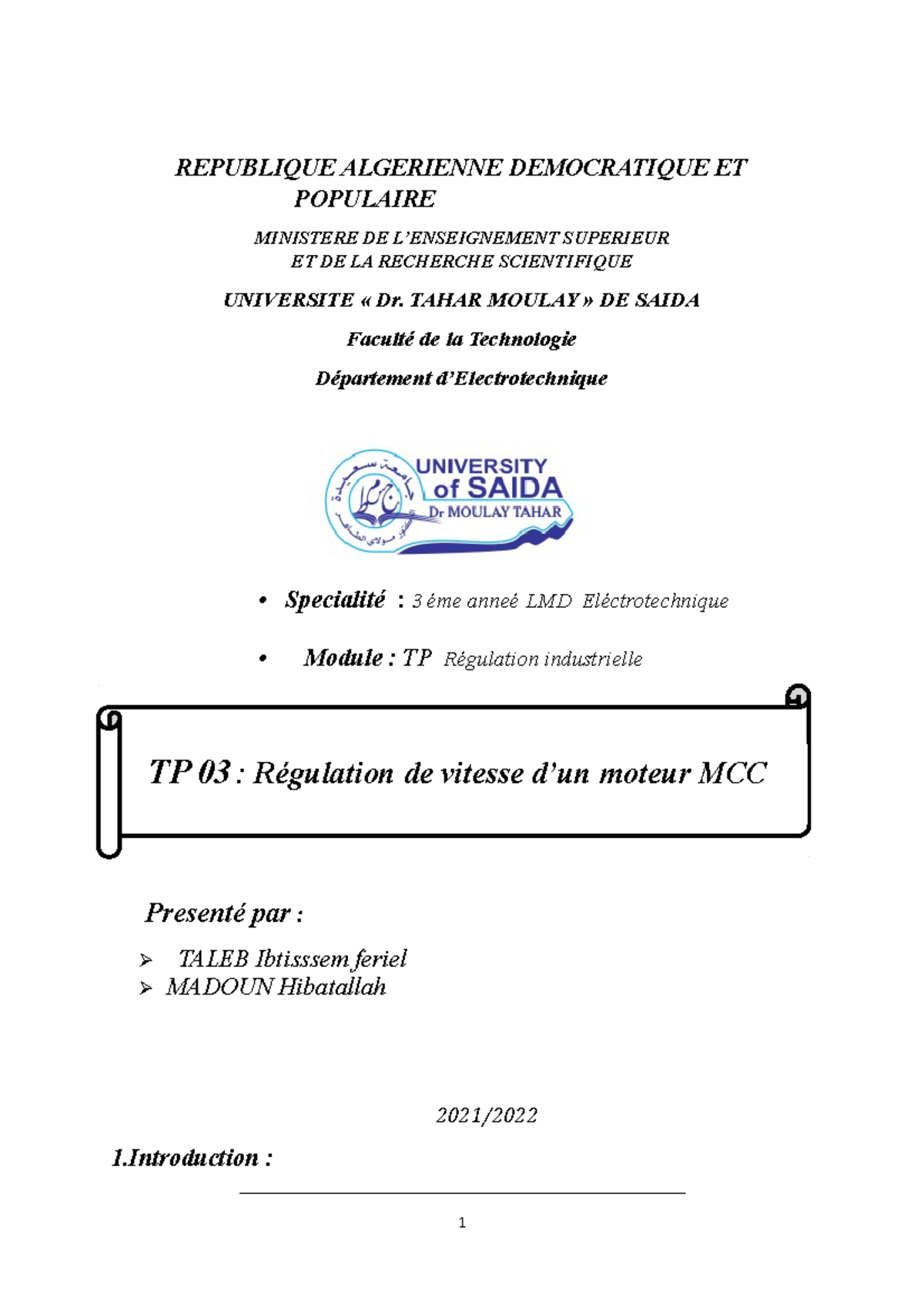 TP03 regulation - merci - REPUBLIQUE ALGERIENNE DEMOCRATIQUE ET ...
