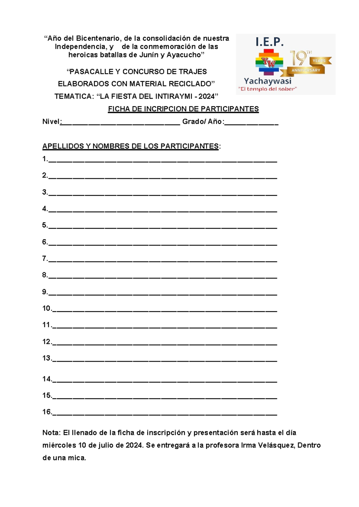 Fichas ( Pasacalle DE Vestimentas CON Material Reciclado)123 - “Año del ...