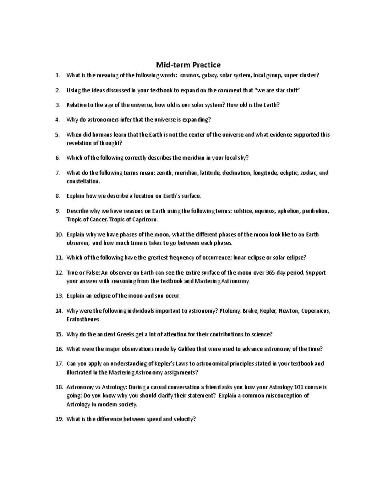 ASTR101 Midterm Study Guide - Mid-term Practice What is the meaning of the following words ...
