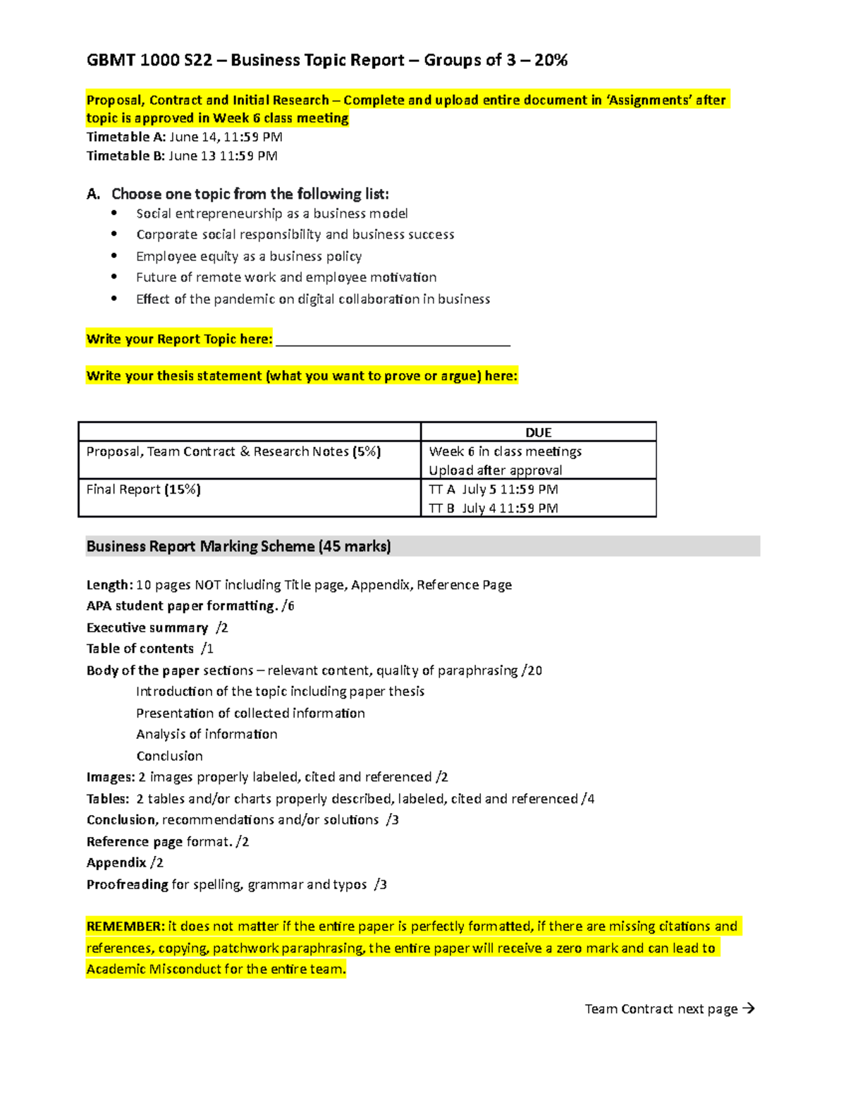 GBMT 1000 Business Report Topic, Contract & Research - GBMT 1000 S22 ...