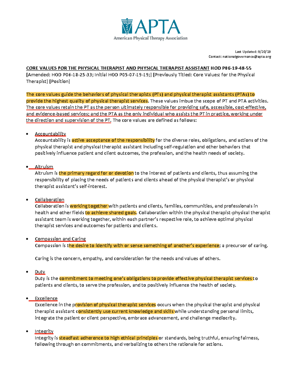 CORE Values FOR PT AND PTA - Last Updated: ε/ϮϬ/ϭε CoŶtaĐt ...