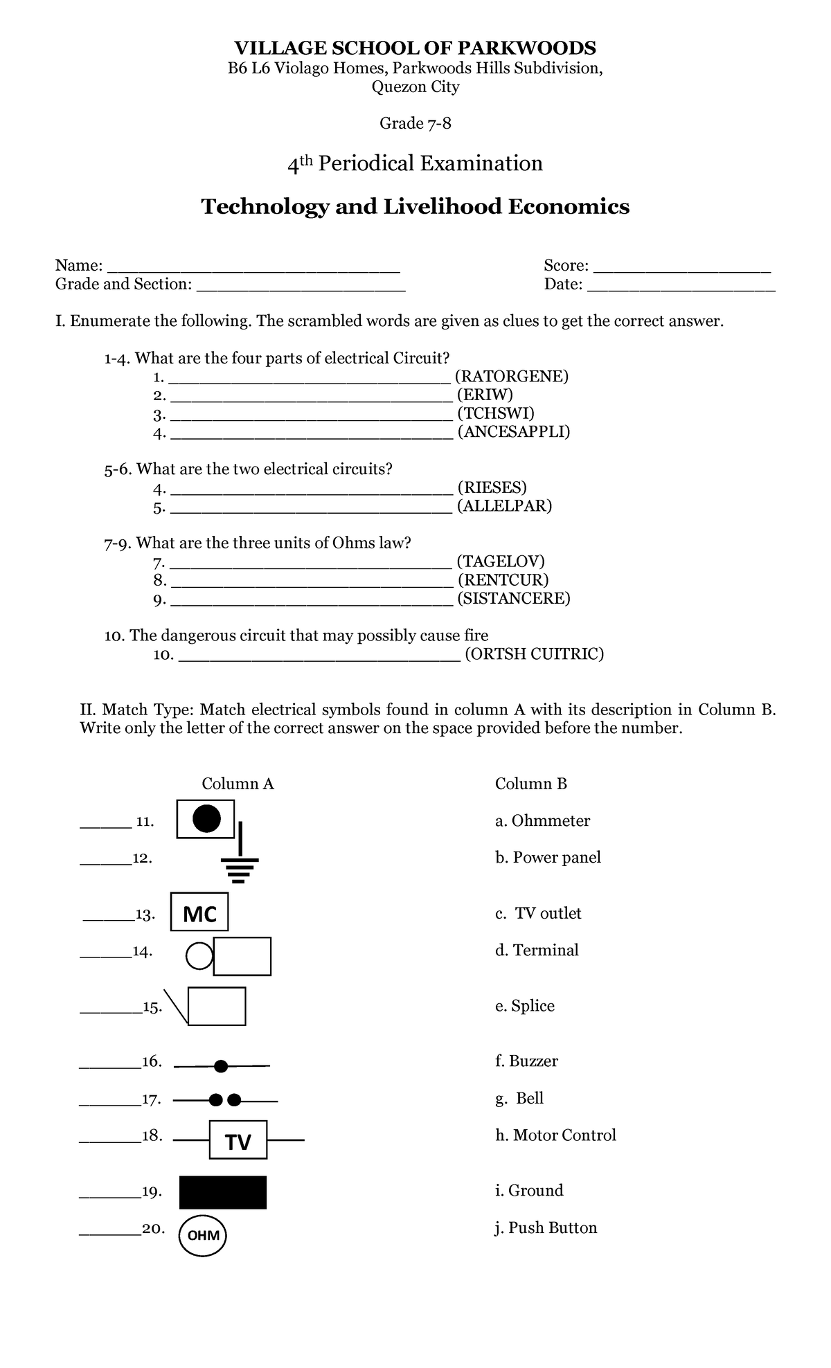 Grade 7 and 8 3rd Grading Period - VILLAGE SCHOOL OF PARKWOODS B6 L6 ...