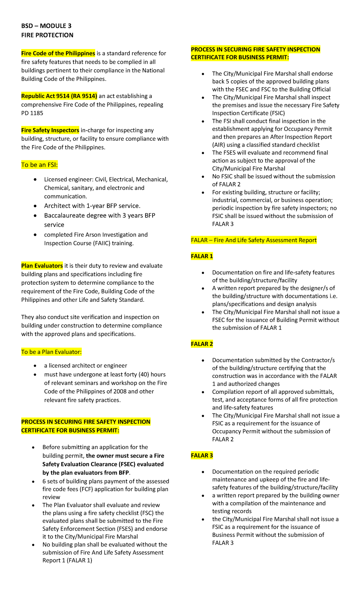 BSD Reviewer FIRE Protection - BSD – MODULE 3 FIRE PROTECTION Fire Code ...