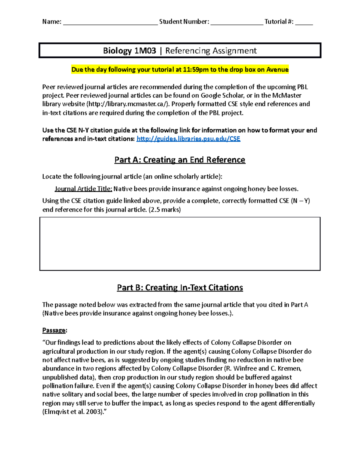 Tutorial 1 Referencing Assignment - F23 - Name: ___________________________ Student Number ...